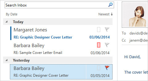 Outlook-inspired email application showing inbox built with WPF developer tools.