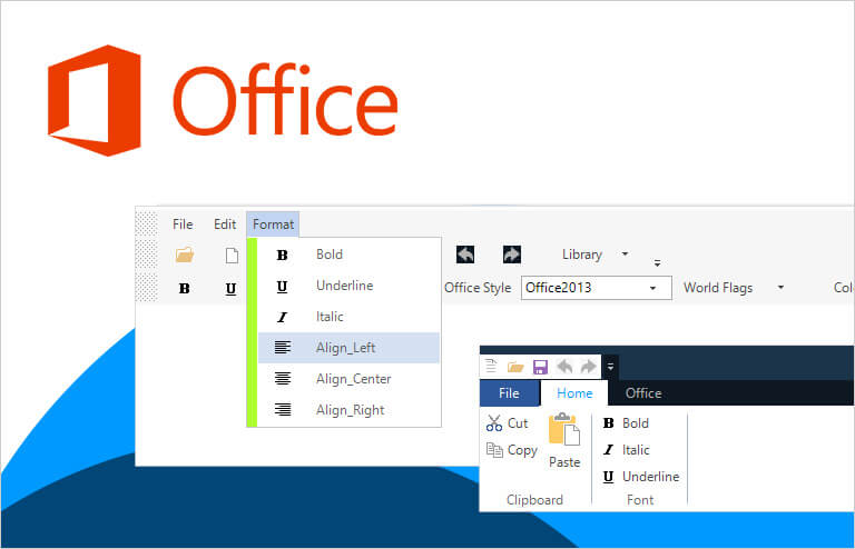Microsoft® Office logo with Windows Forms toolbars and dropdown menu, that replicate the look and feel of Microsoft® Office