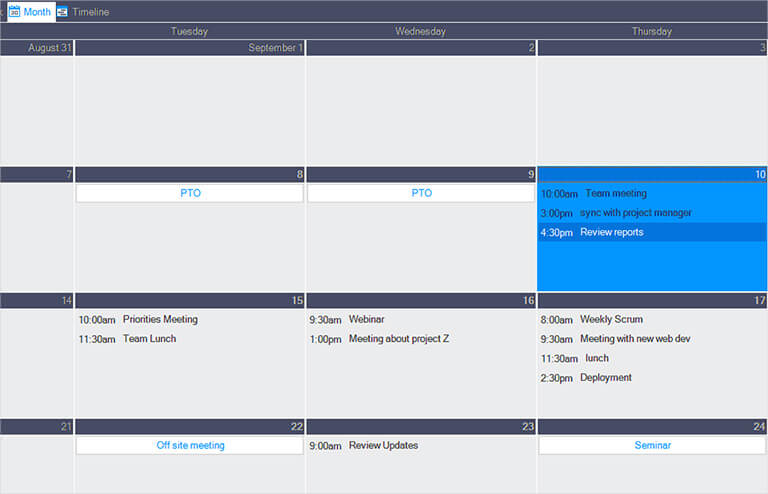 Schedule control, showing month view with day selection, built with Ultimate UI for Windows Form