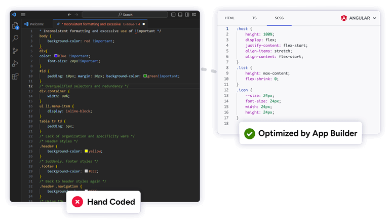 Optimized Angular Code with App Builder vs Long Hand Code to Reduce Workload